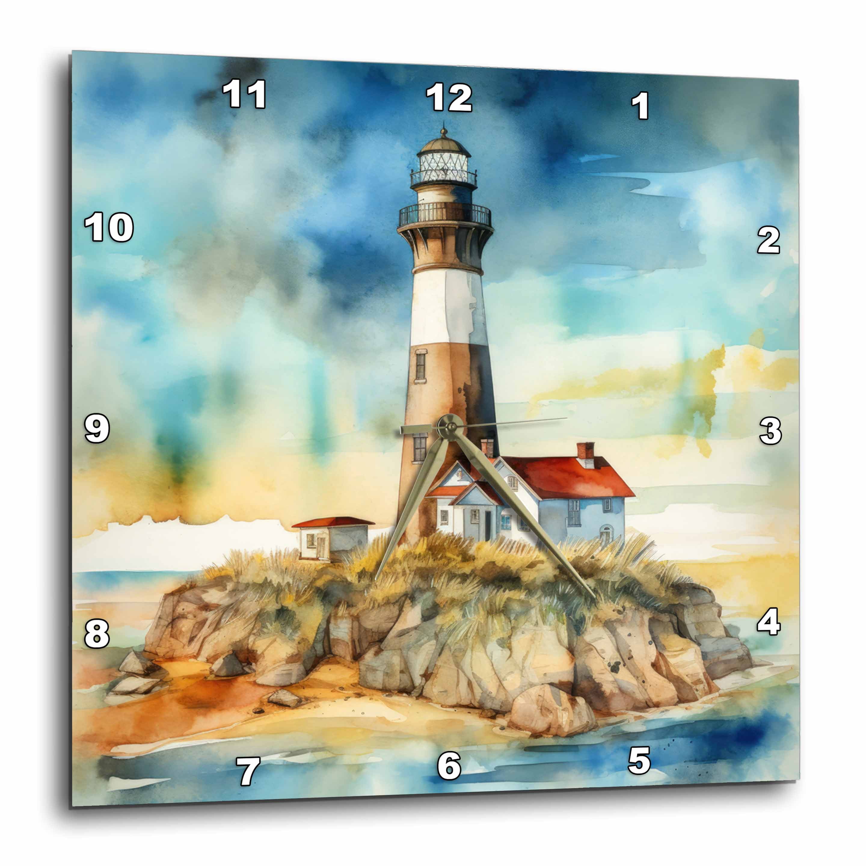 3drose, Brown and White Lighthouse Rocky Beach Scene, 13x13 Wall Clock ...