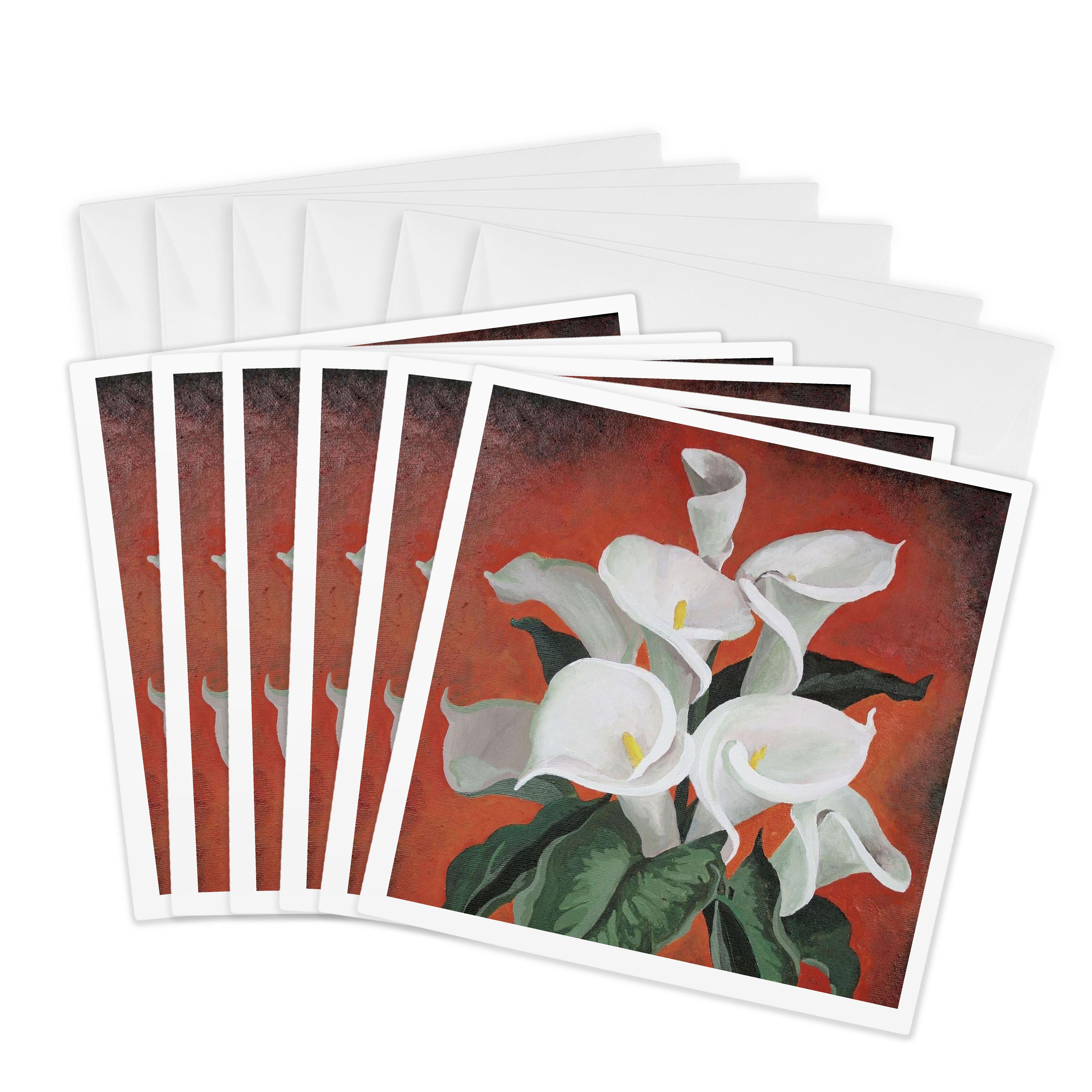 3drose, Calla Lilies Botanical Art on a Red Background, 6 Greeting ...