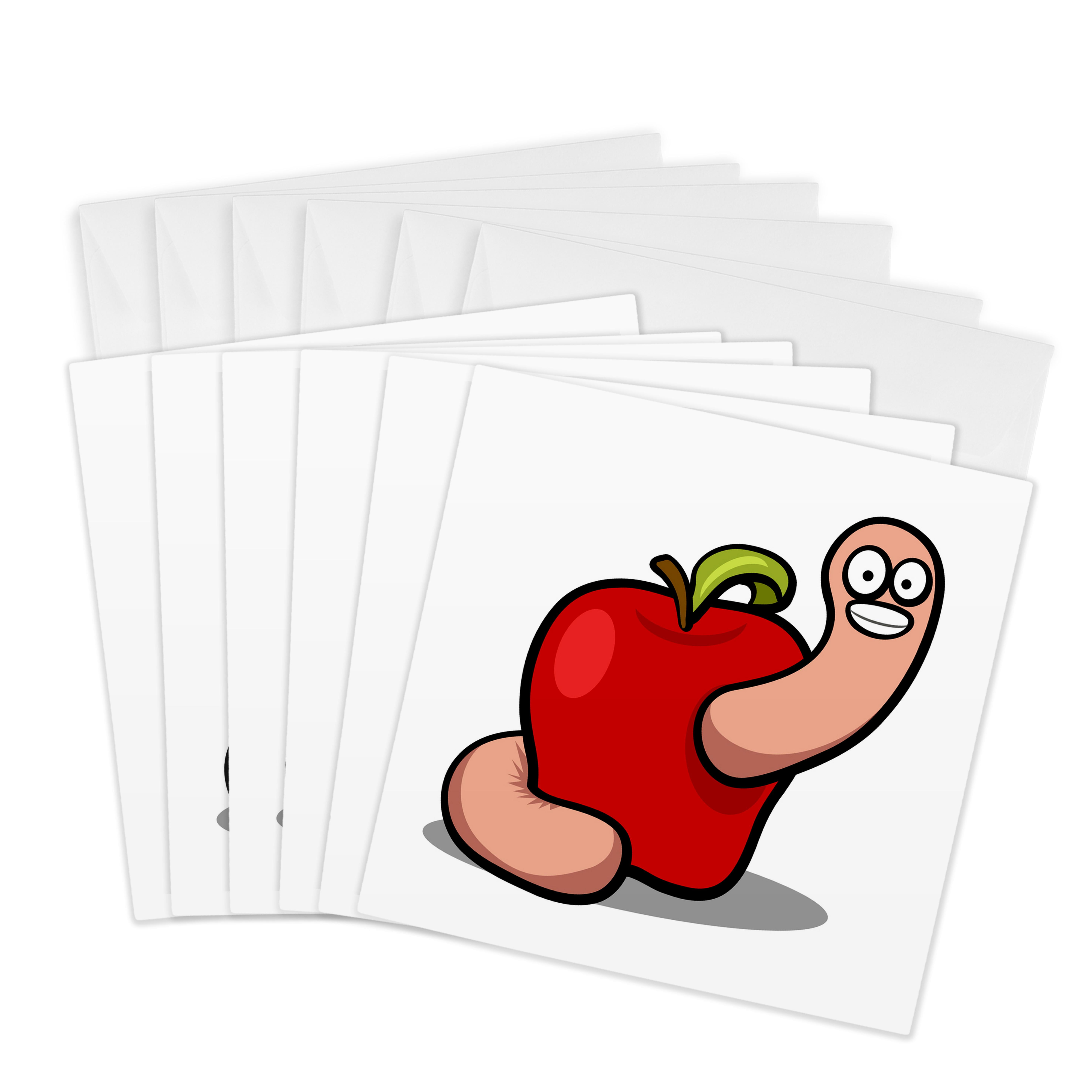 3drose, Cartoon Apple with Worm, 6 Greeting Cards with Envelopes ...