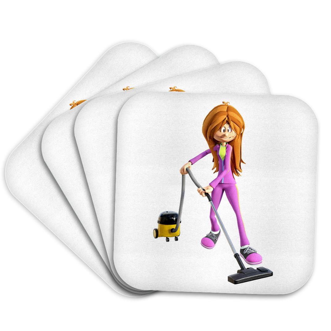 3drose, Cartoon Woman Using a Vacuum Cleaner, Set of 4 Coasters - Soft ...