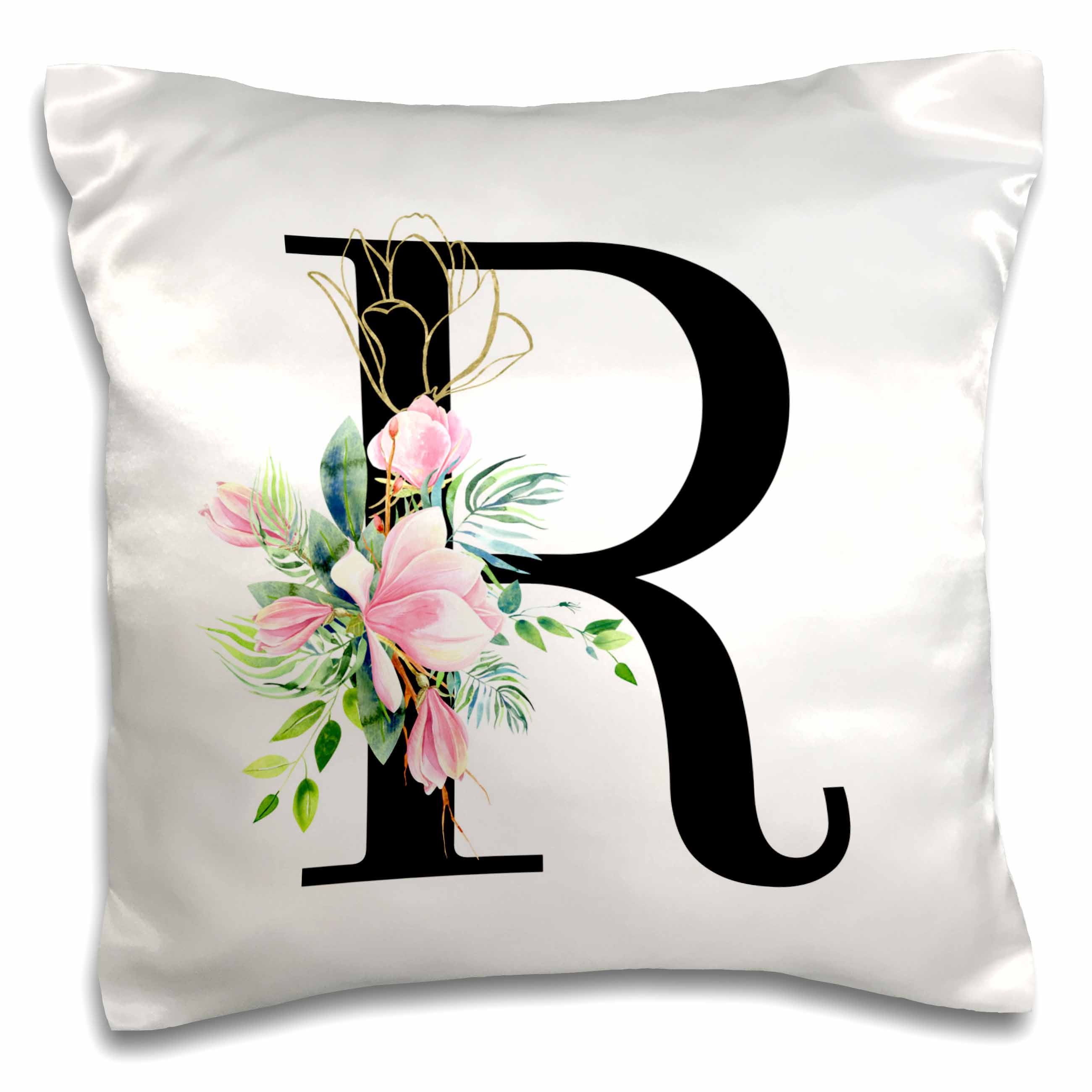 3drose, Chic Black Monogram Initial R with Pretty Pink Flowers, 16x16 ...