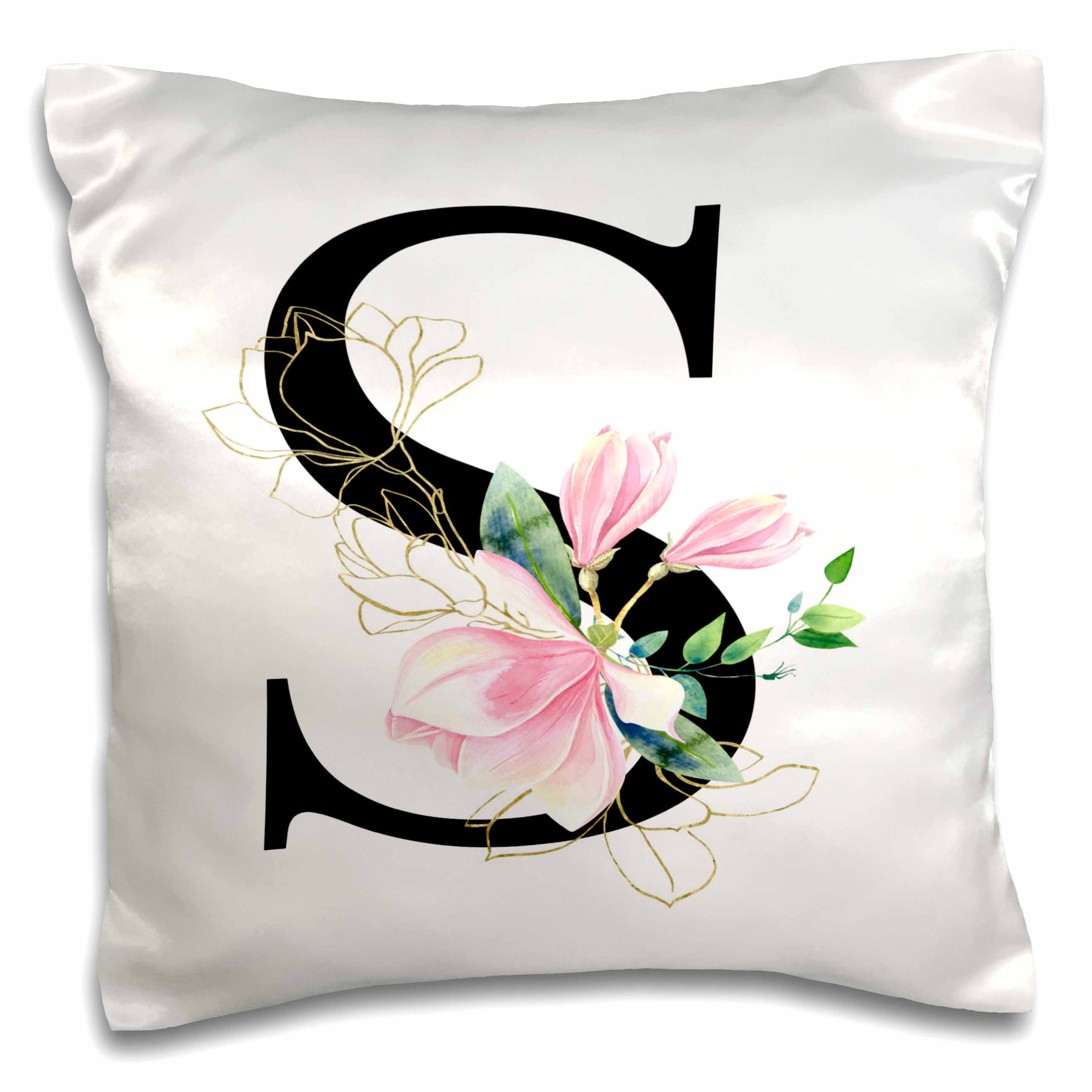 3drose, Chic Black Monogram Initial S with Pretty Pink Flowers, 16x16 ...