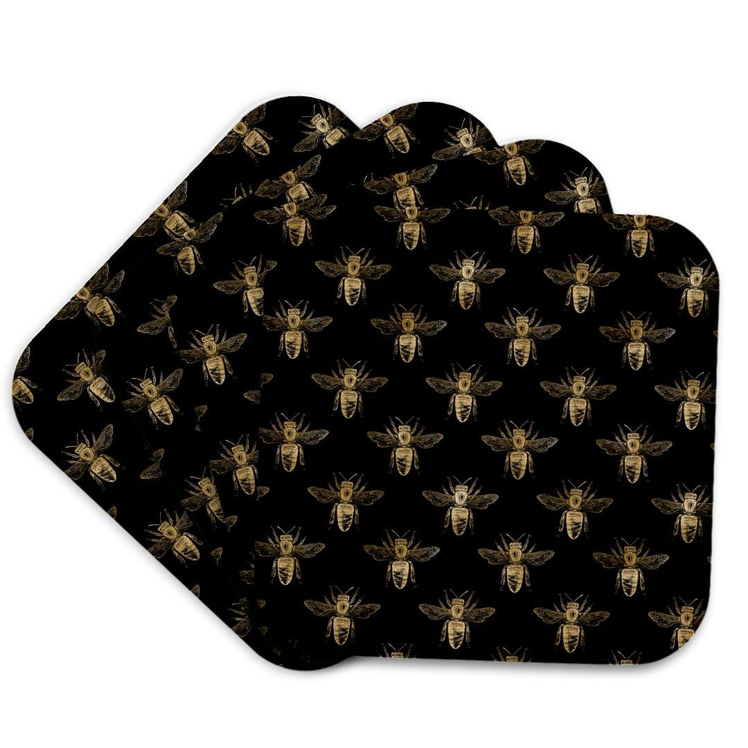3drose, Chic Gold Color Bees on a Black Background Pattern, Set of 4 ...