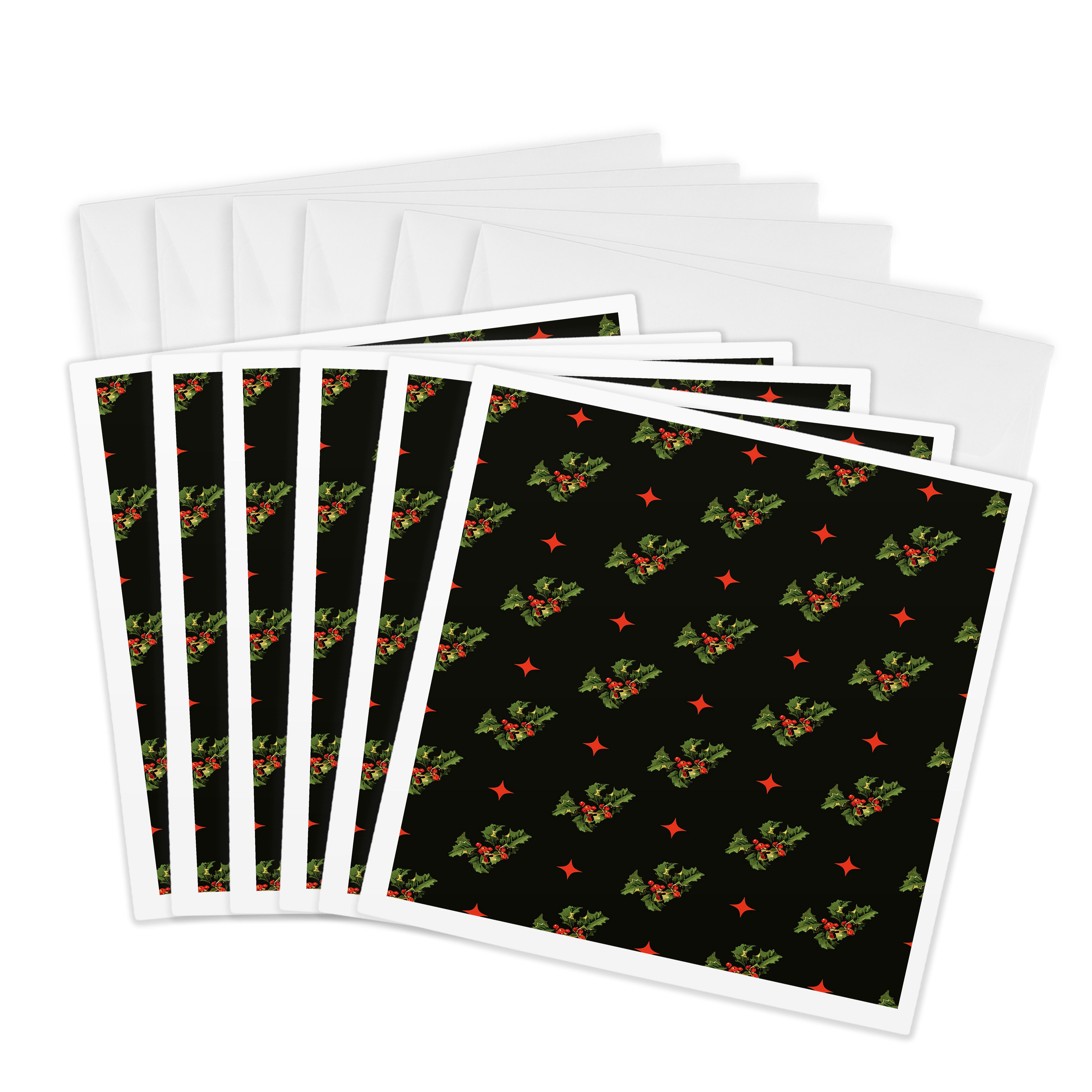 3drose, Christmas Pattern with Holly Leaves and Berries, Red Stars on ...