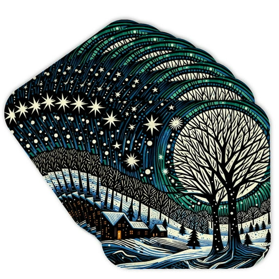3drose, Colorful Block Print of a Winter Snow Scene, Set of 8 Coasters ...