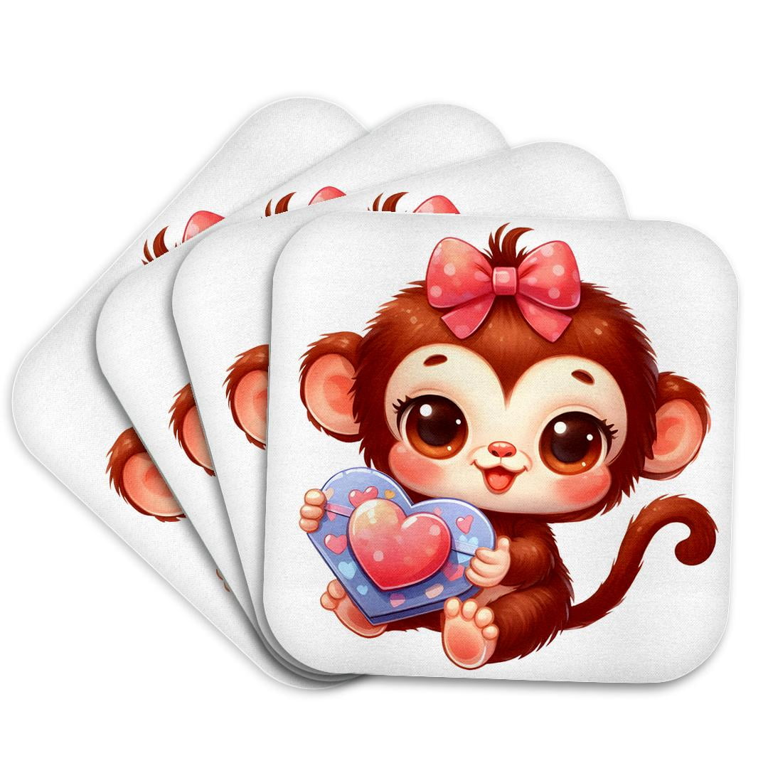 3drose, Cute Baby Monkey Holding a Heart Illustration, Set of 4 ...