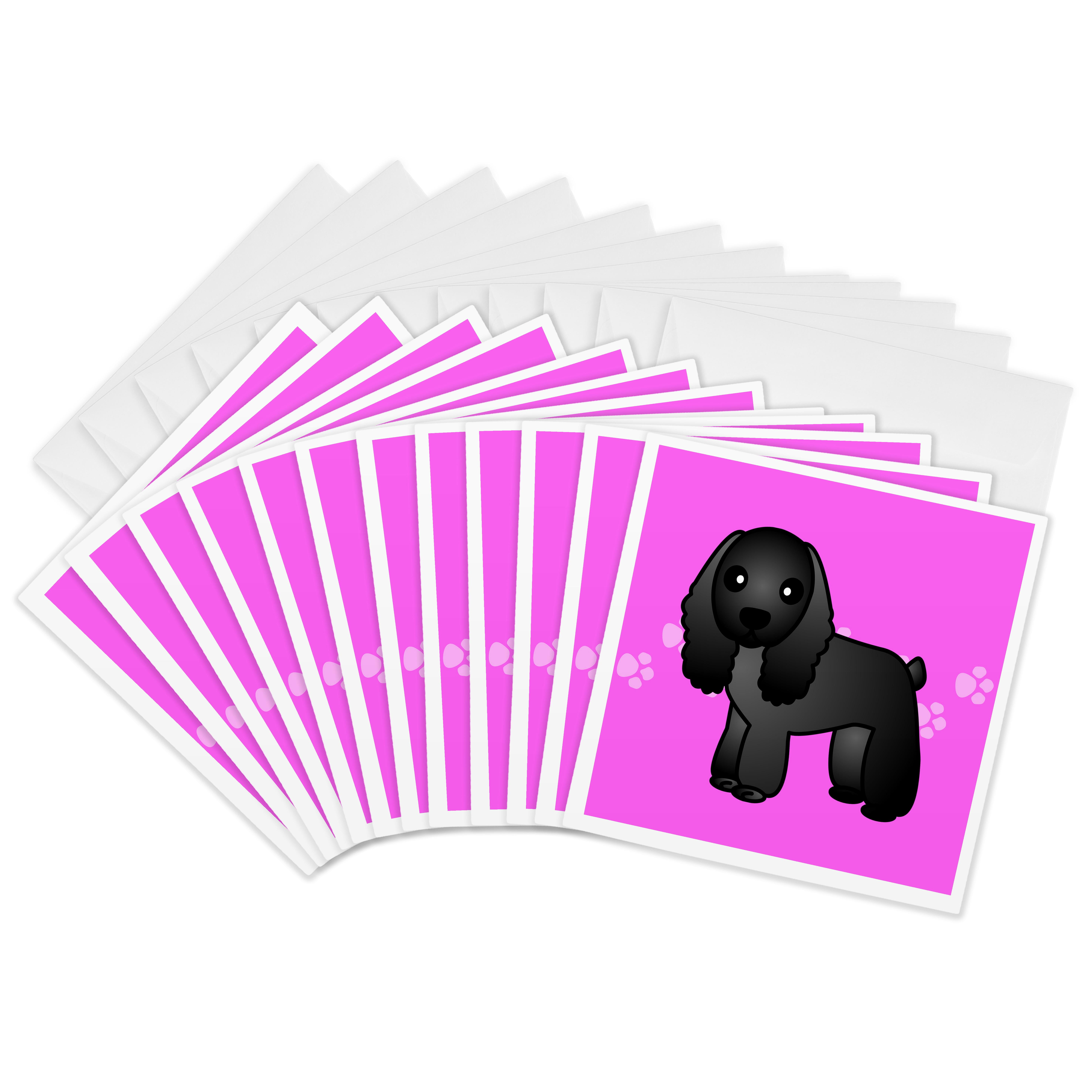 3drose, Cute Black Cocker Spaniel Pink with Pawprints, 12 Greeting ...