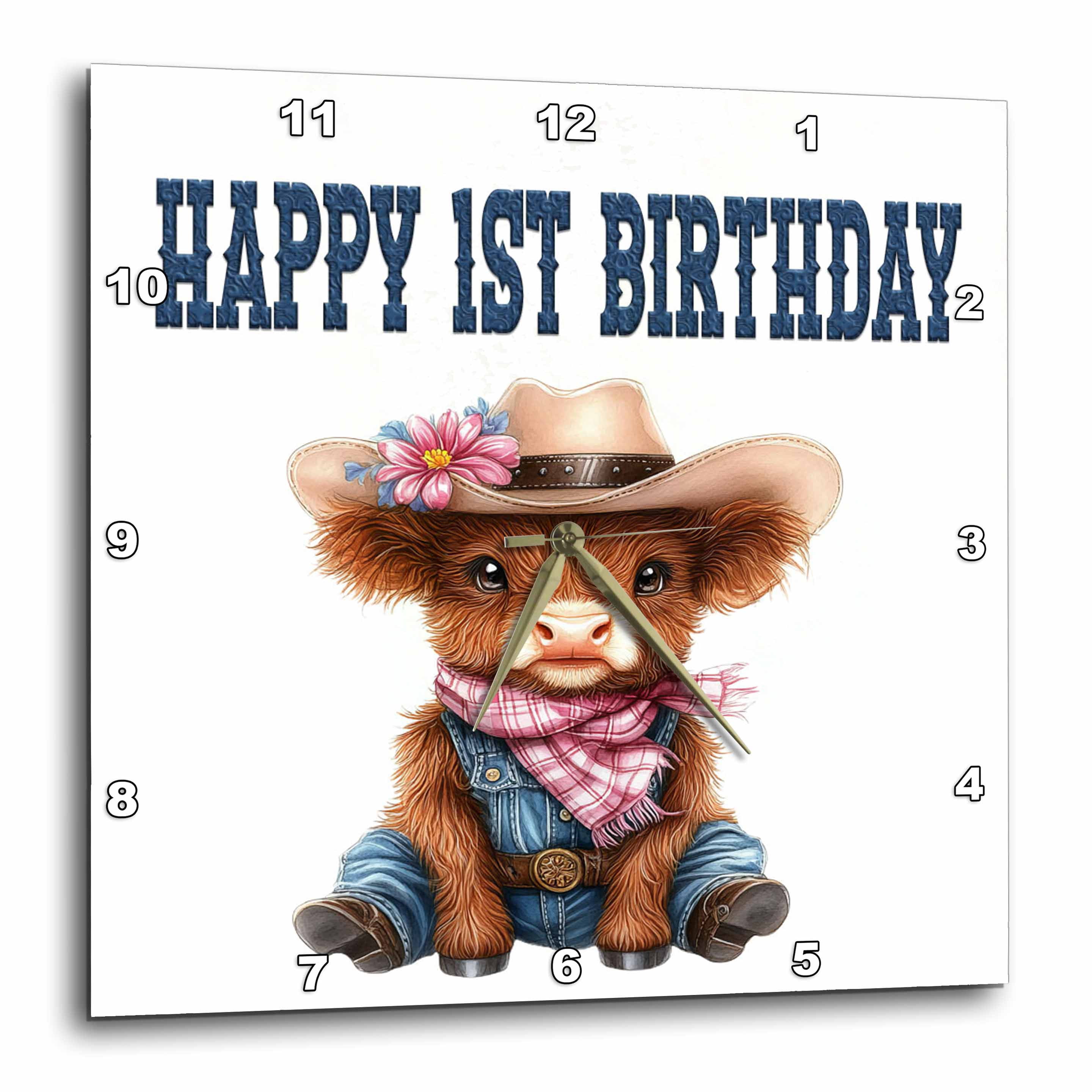 3drose, Cute Cowgirl Highland Cow Happy 1st Birthday, 15x15 Wall Clock ...