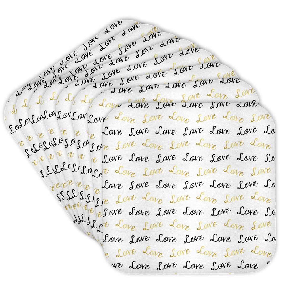 3drose, Cute Faux Gold and Black Love Word Pattern on White, Set of 8 ...