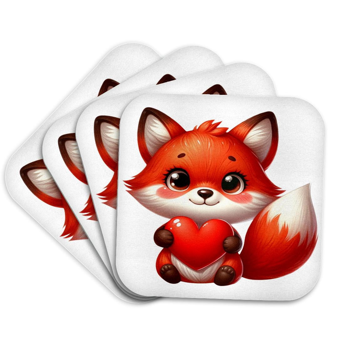 3drose, Cute Fox with a Heart Illustration, Set of 4 Coasters - Cork ...