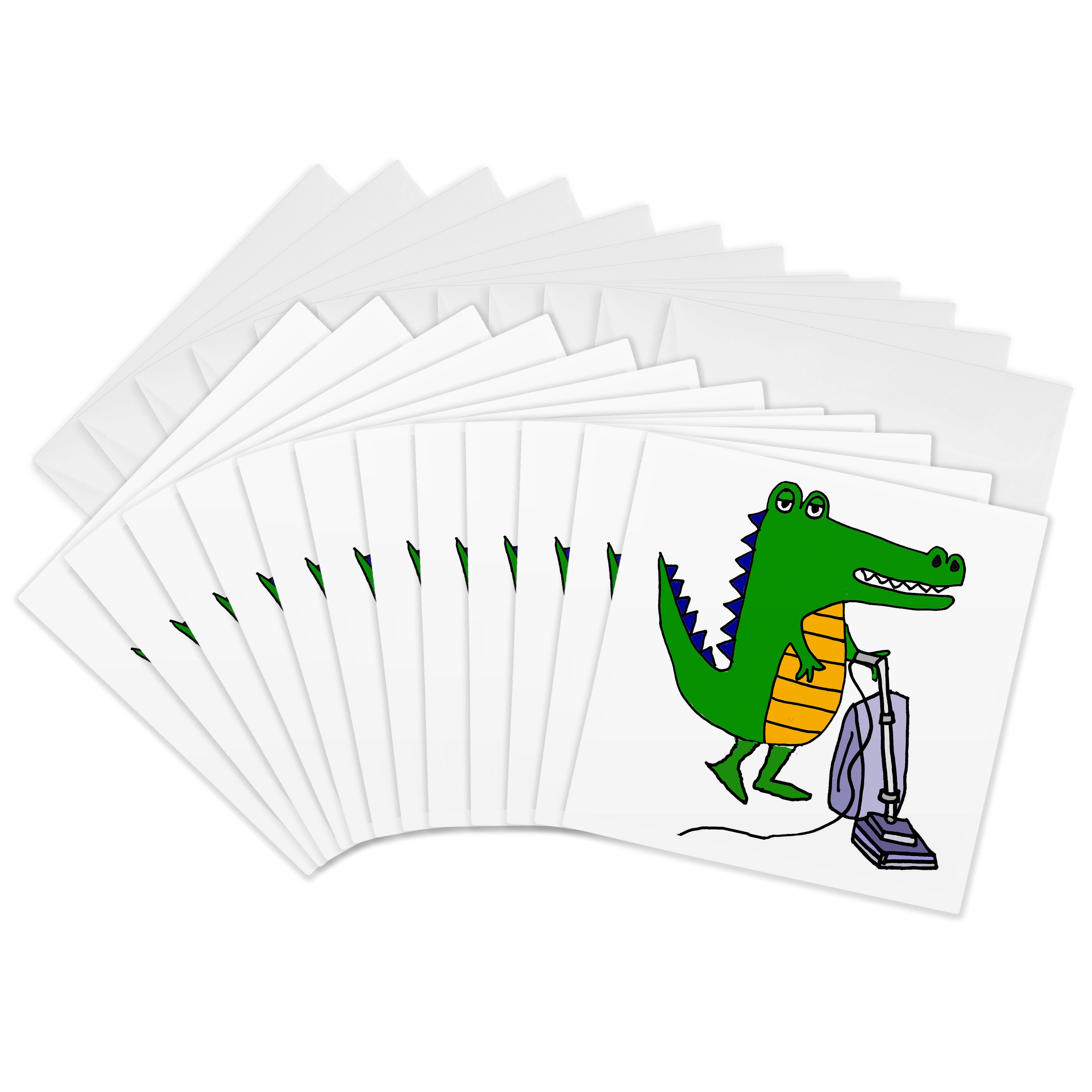 3drose, Cute Funny Alligator Using Vacuum Cleaner Cartoon, 12 Greeting ...
