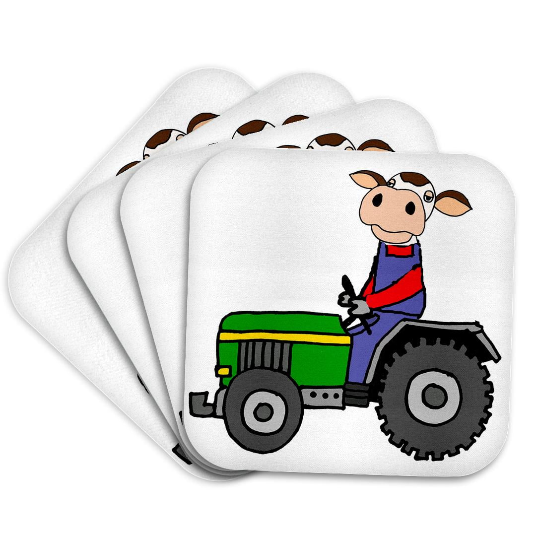 3drose, Cute Funny Cow Driving Farm Tractor Cartoon, Set of 4 Coasters ...