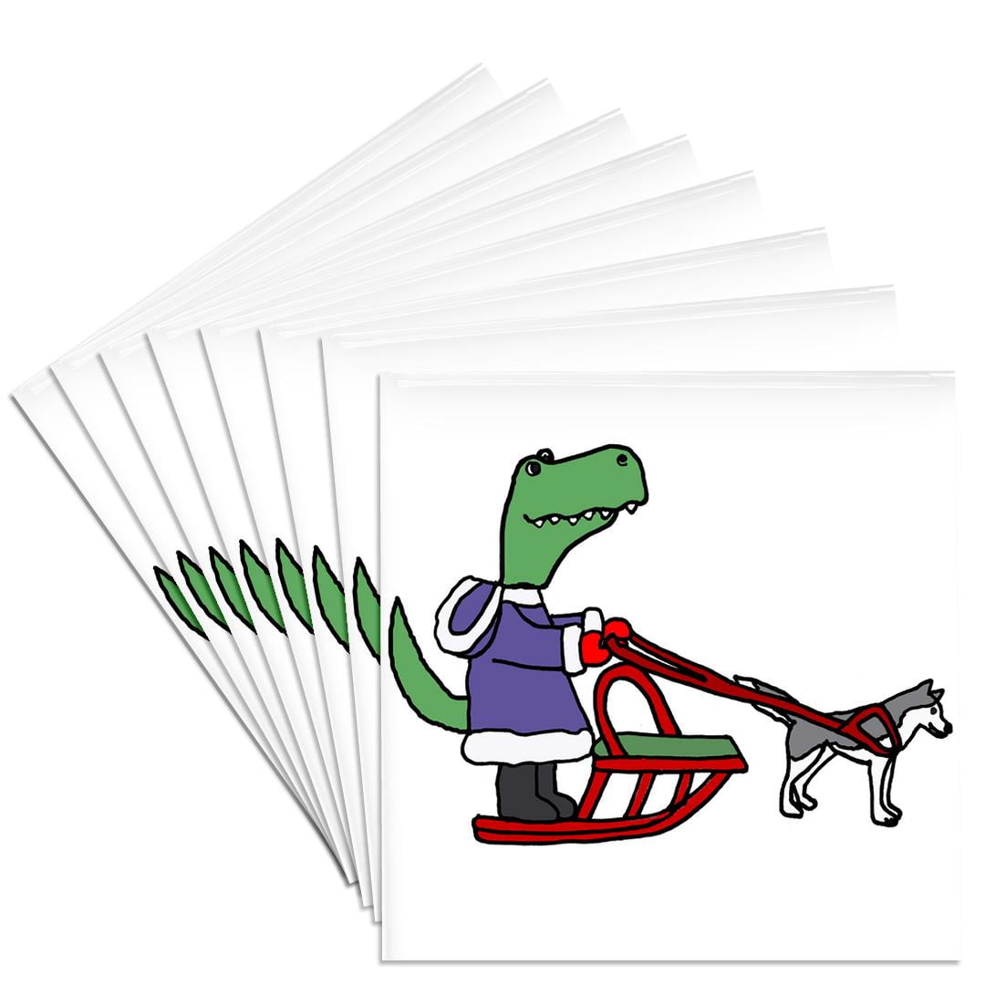3drose, Cute Funny Green T-rex Dinosaur Dog Sledding Cartoon, Set of 8 ...