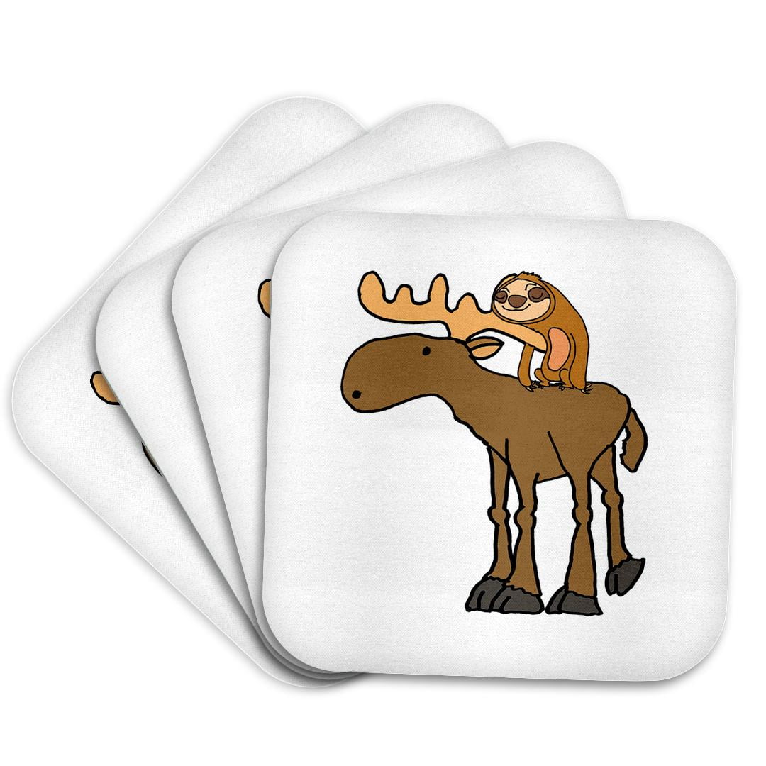 3drose, Cute Funny Unique Sloth Riding Moose Cartoon, Set of 4 Coasters ...
