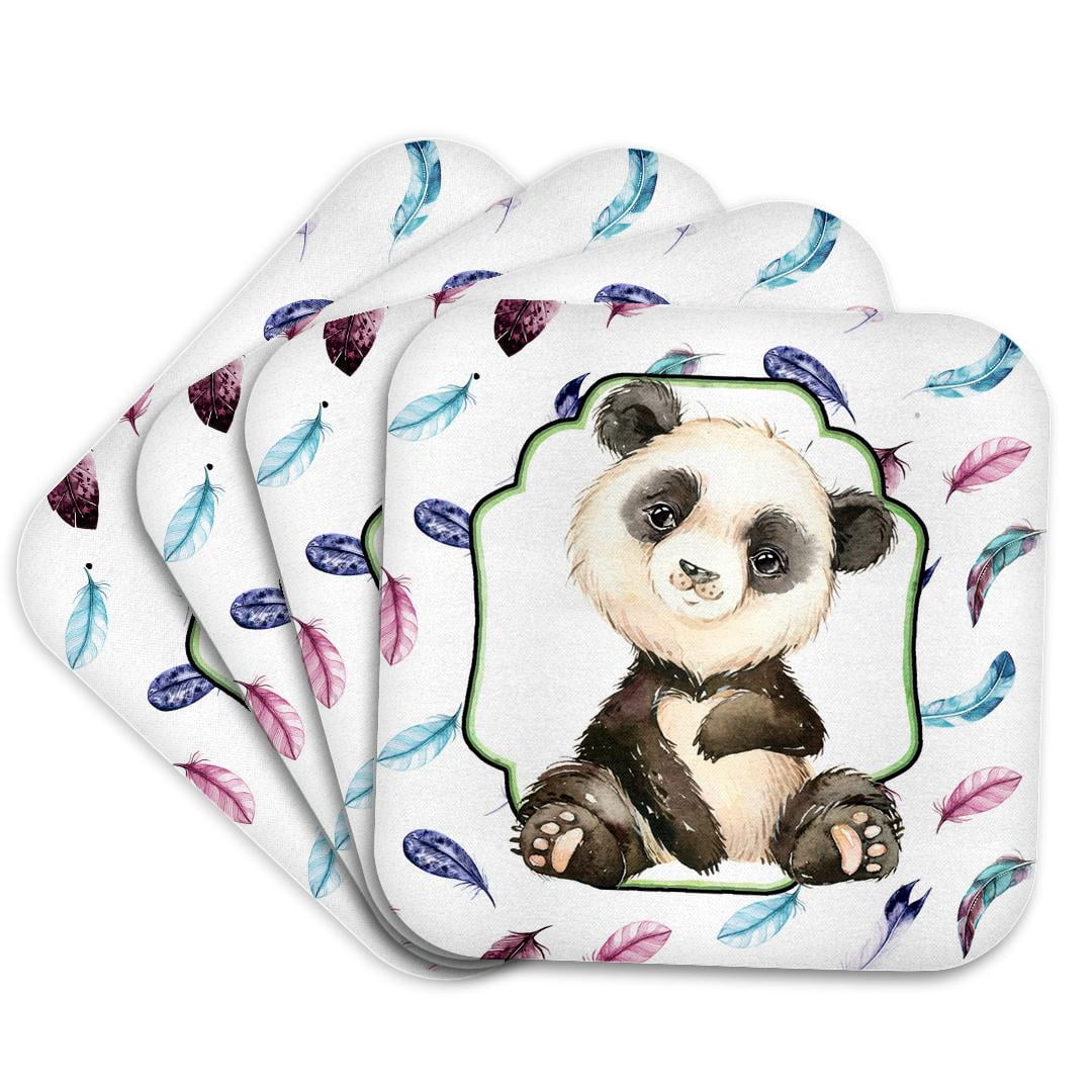 3drose, Cute Image of Watercolor Panda Bear on a Background of Feathers ...