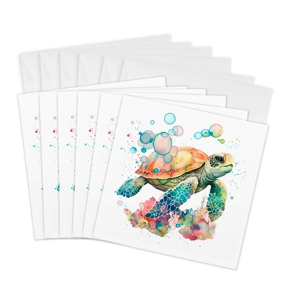 3drose, Cute Image of Watercolor Sea Turtle with Bubbles, 6 Greeting ...