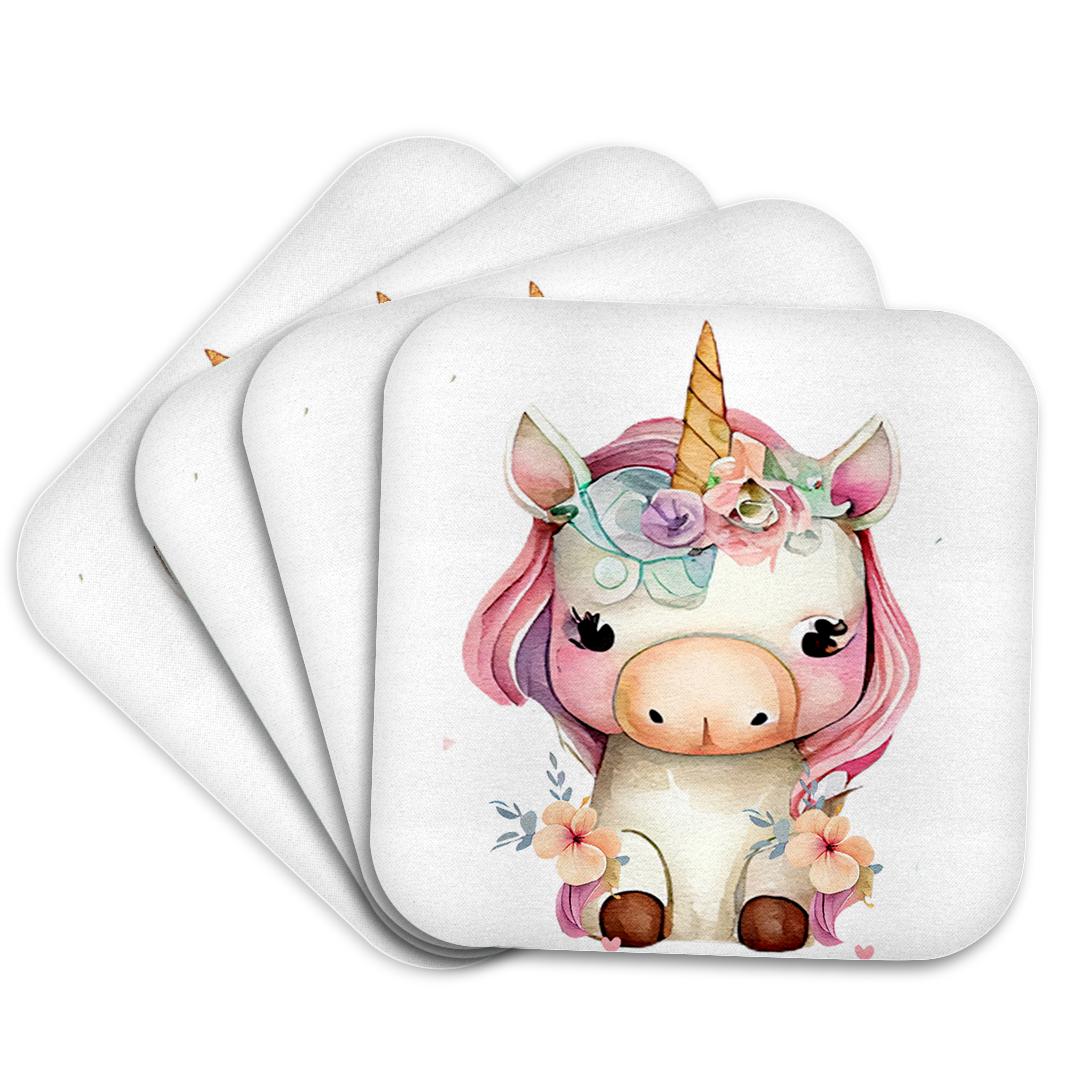 3drose, Cute Little Pink and White Unicorn Illustration, Set of 4 ...