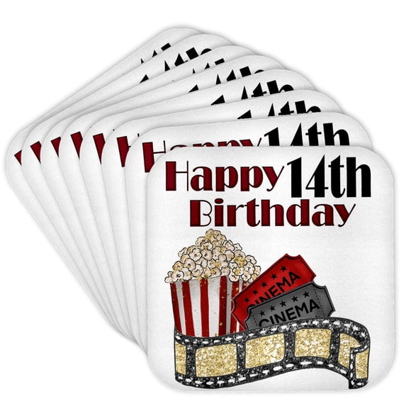 3drose, Cute Movie Cinema Themed Happy 14th Birthday, Set of 8 Coasters ...