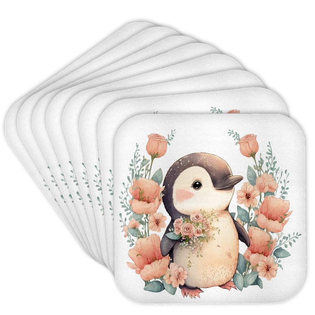 3drose, Cute Penguin with Pretty Peach Color Flowers Illustration, Set ...