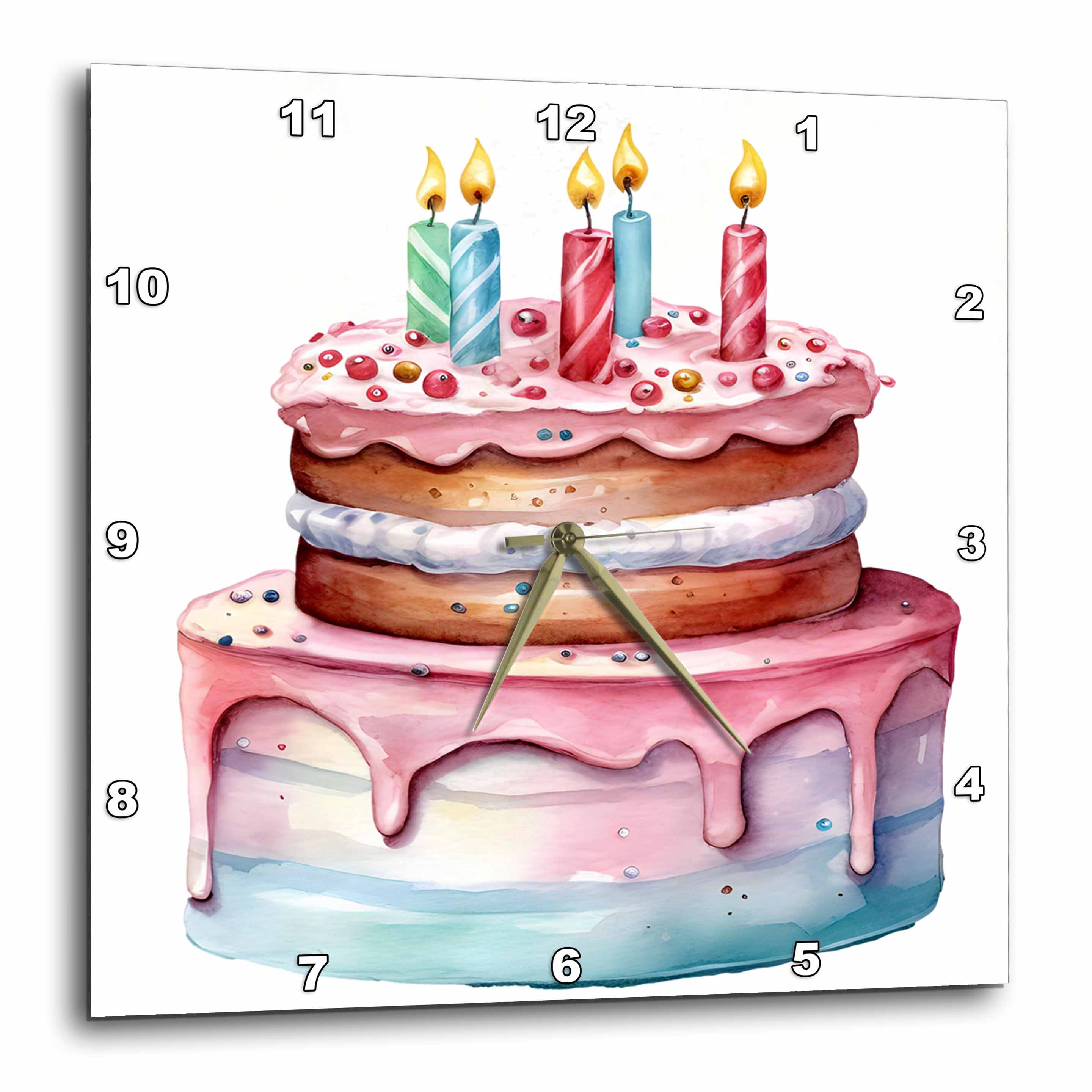 3drose, Cute Pink Birthday Cake Illustration, 10x10 Wall Clock ...