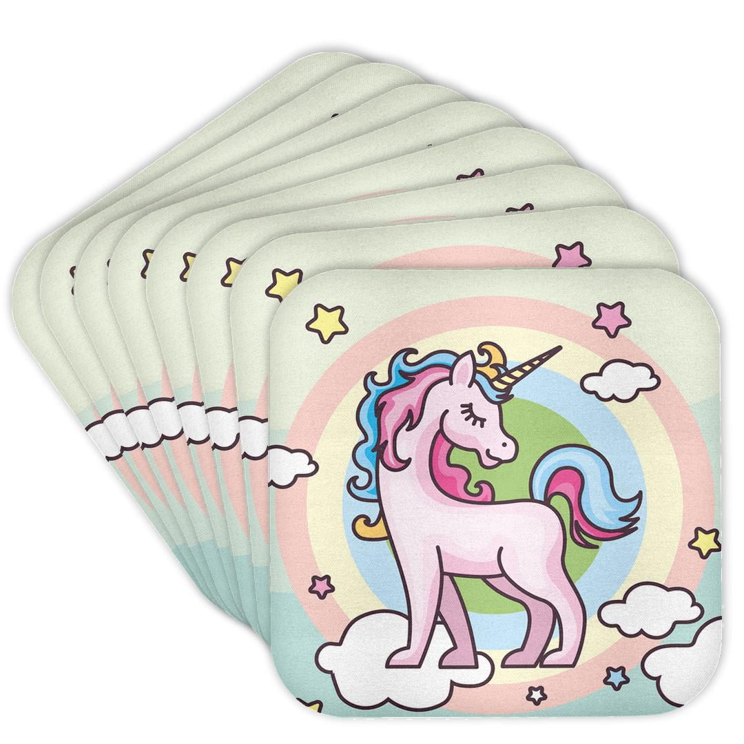 3drose, Cute Pink Unicorn on Rainbow Background, Set of 8 Coasters ...