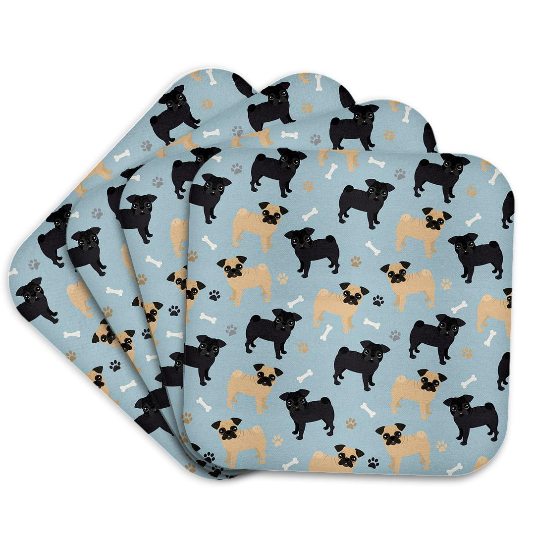 3drose, Cute Pug Pattern Blue Paws and Dog Bones, Set of 4 Coasters ...