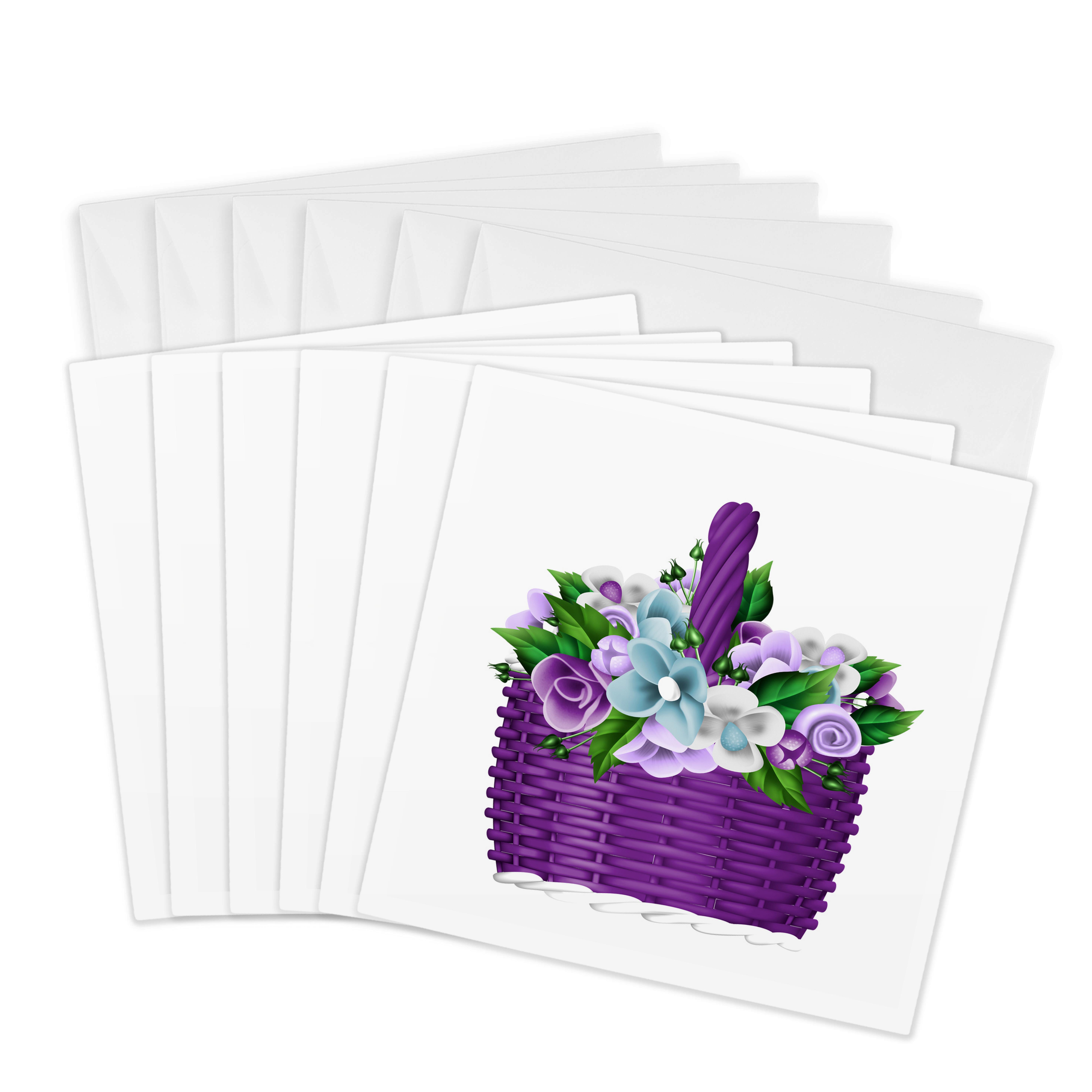 3drose, Cute Purple Basket of Flowers Illustration, 6 Greeting Cards ...