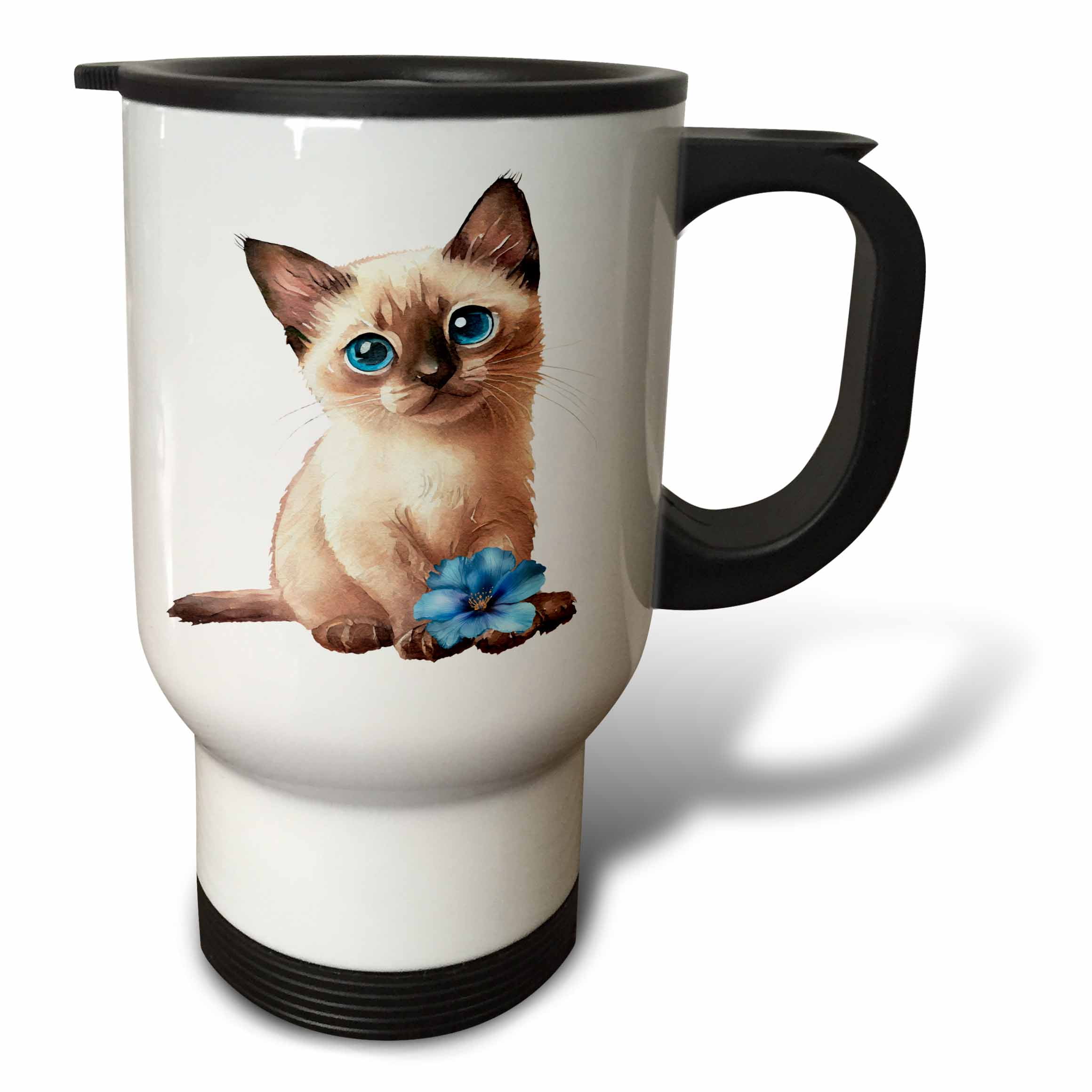 3drose, Cute Siamese Kitten with a Blue Flower Illustration, 14oz ...