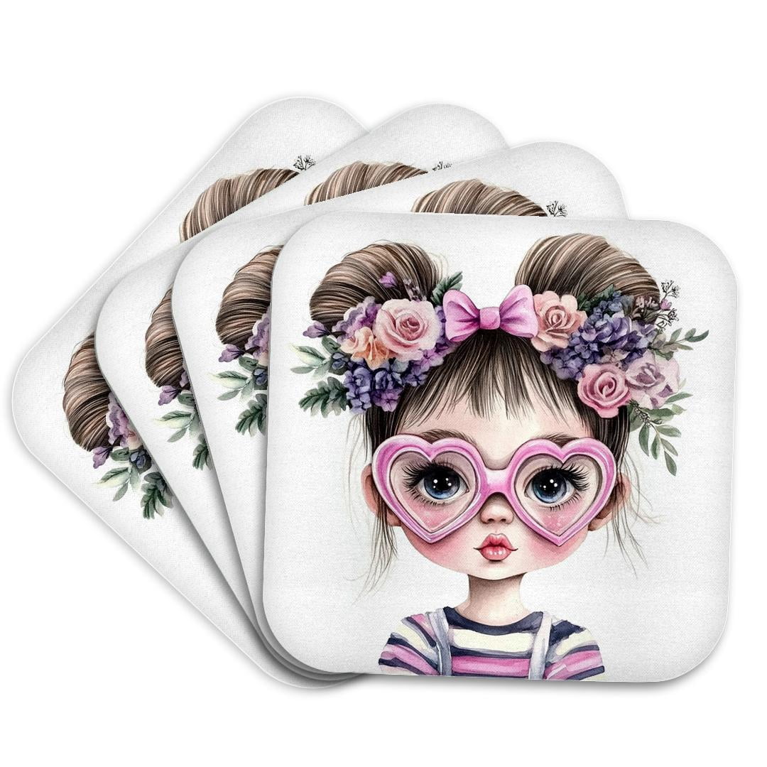 3drose, Cute Valentine Girl in Glasses Illustration, Set of 4 Coasters ...