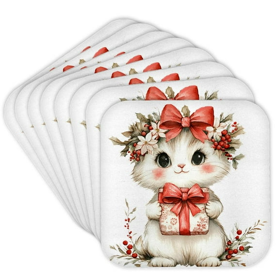 3drose, Cute White Christmas Cat Holding a Gift, Set of 8 Coasters ...