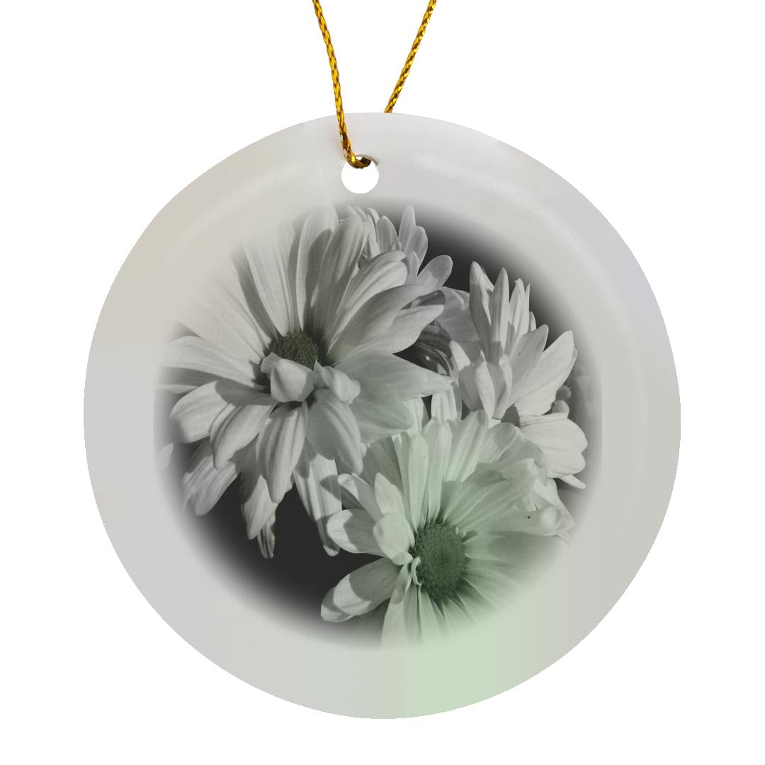 3drose, Daisy Trio, Black and White Photograph of a Trio of Daisies, Circle Porcelain Ornament ...
