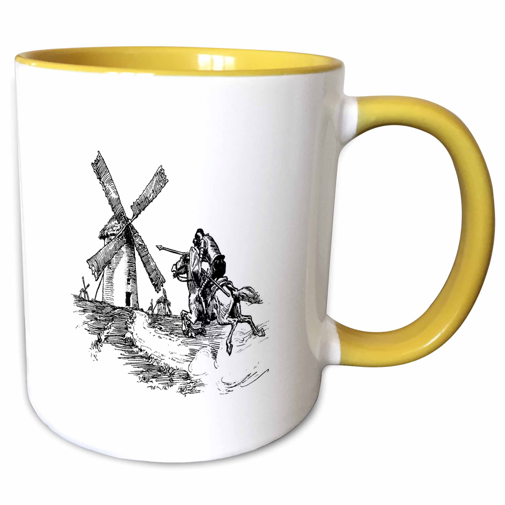 3drose, Don Quixote Fighting Windmills, 15oz Two-tone Yellow Mug ...