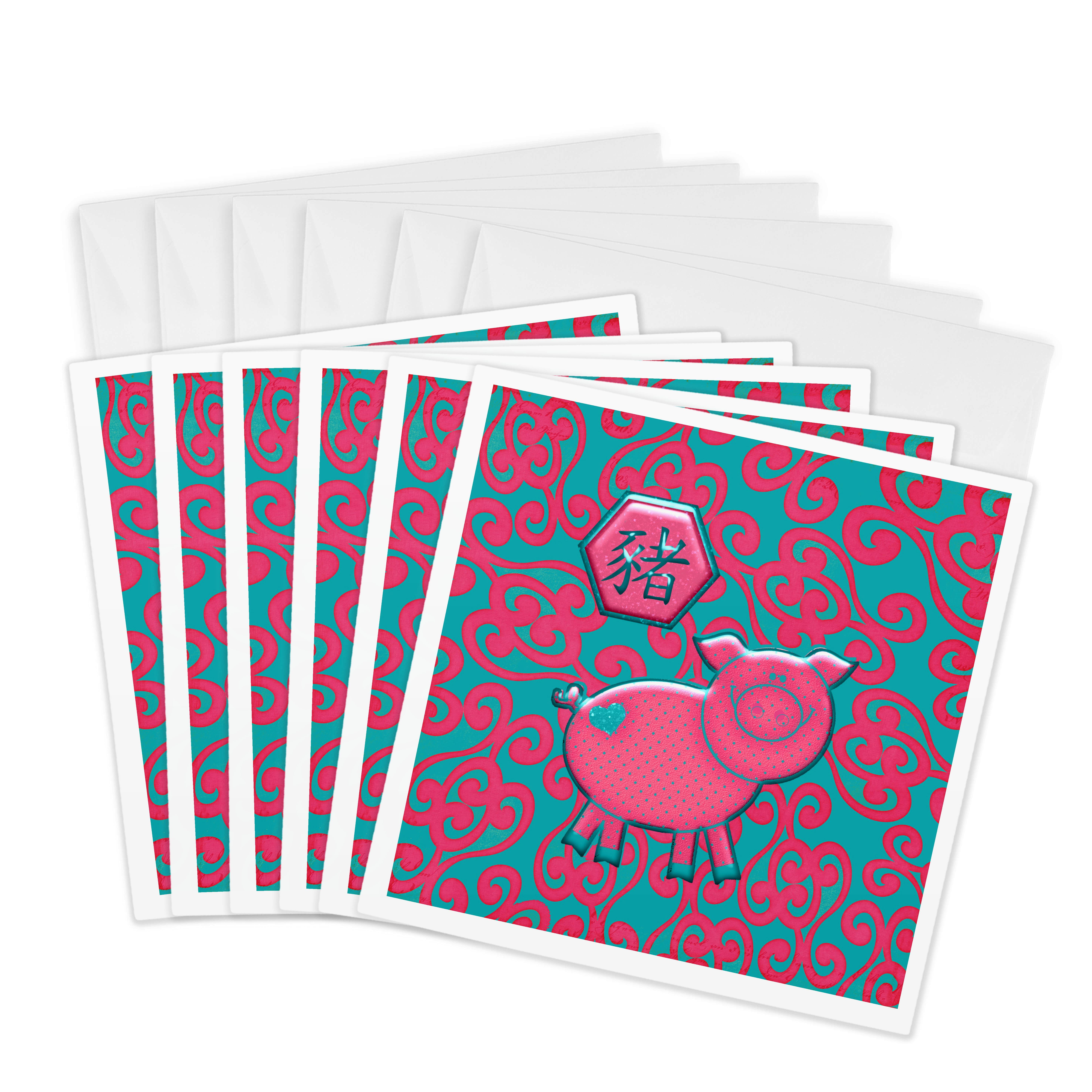 3drose, Dotted Pink and Aqua Pig with Heart, Sign of the Pig, Abstract ...