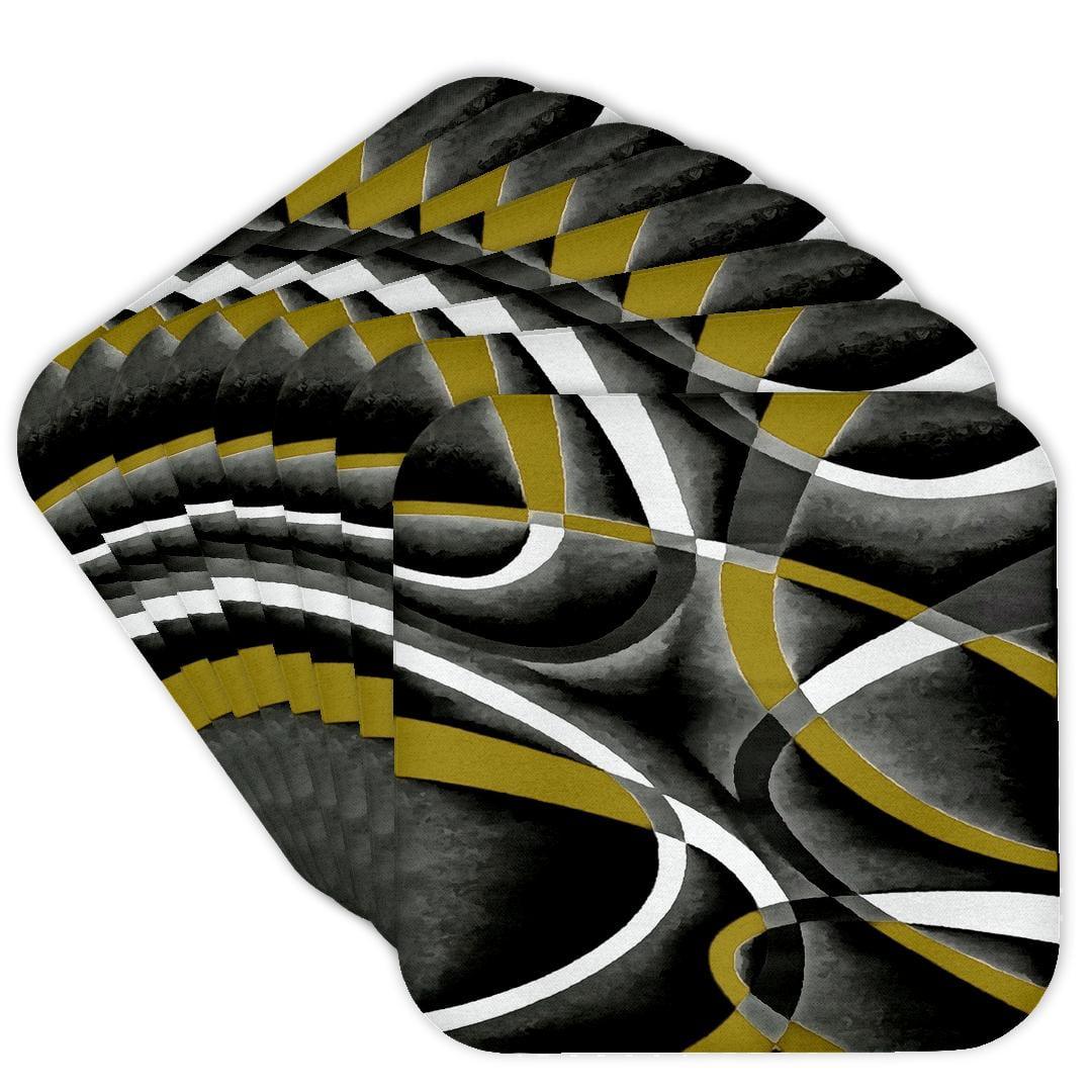 3drose, Eighties Mustard Yellow White Grey Line Curve Pattern on Black ...