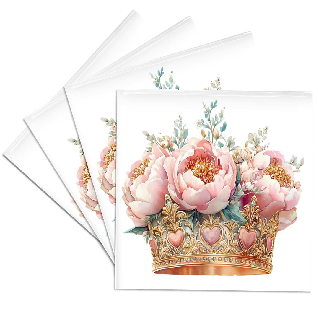 3drose, Elegant Pink Peony Image of Gold Heart Crown Illustration, Set ...