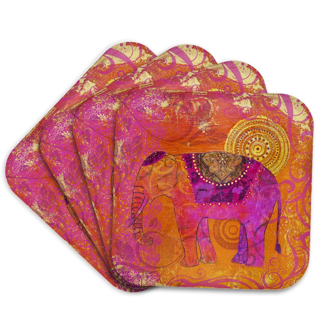 3drose, Ethnic Inspired Elephant Painting in Orange and Pink, Set of 4 ...