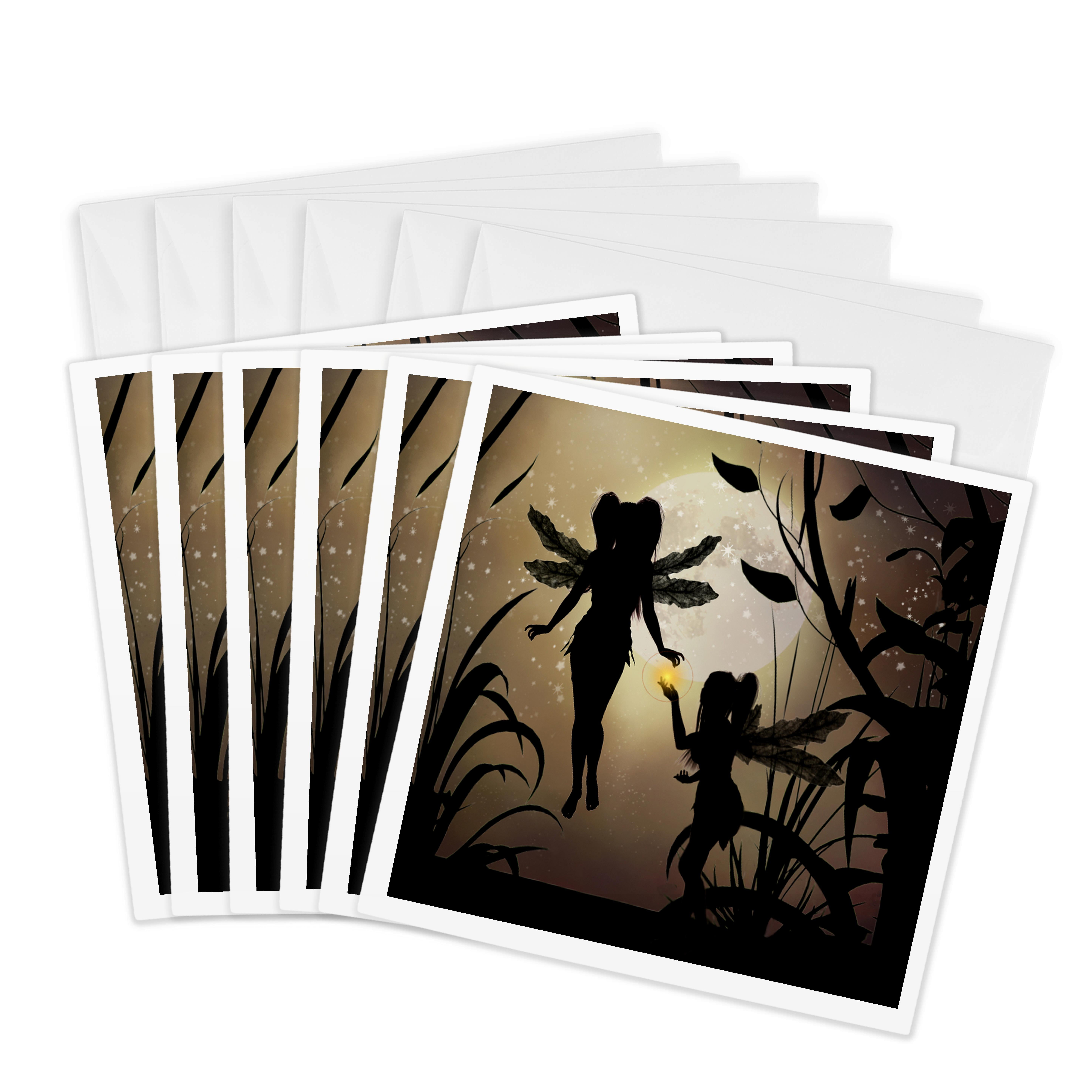 3drose, Fairies Silhouetted over Gold Moon, 6 Greeting Cards with ...