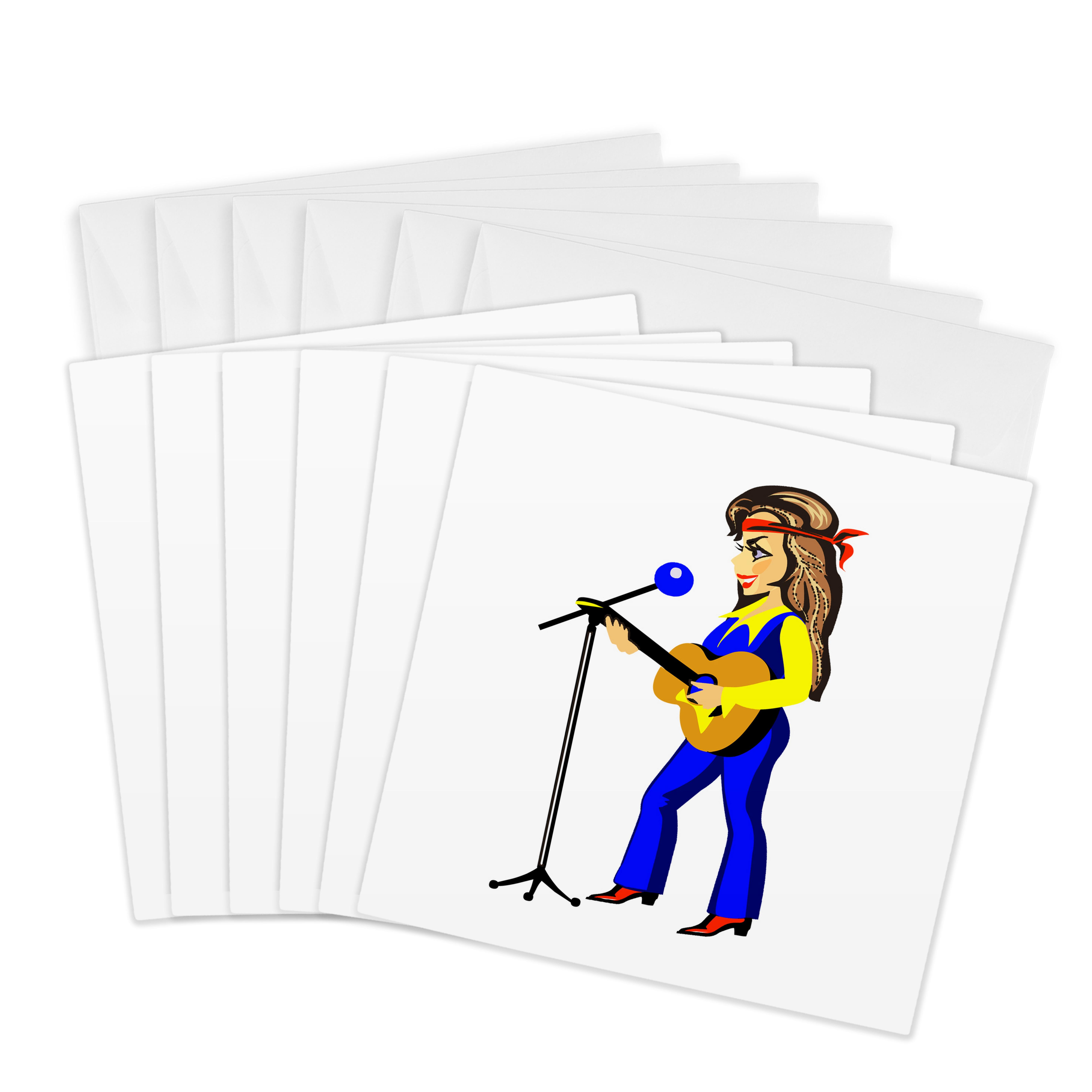 3drose, Female Guitar Player with Mic Cartoon, 6 Greeting Cards with ...