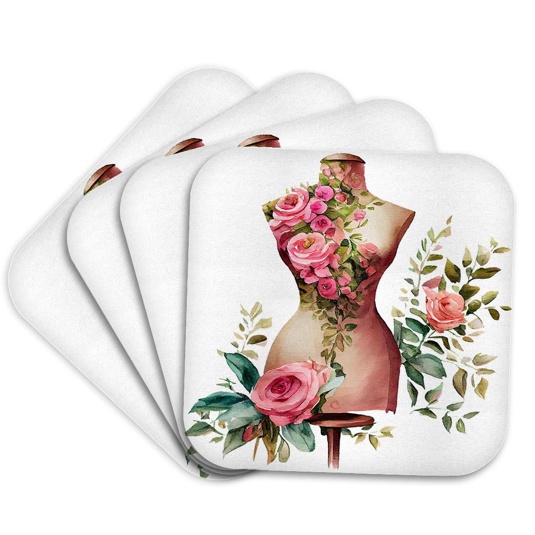 3drose, Floral Sewing Dress Form Illustration, Set of 4 Coasters - Cork ...