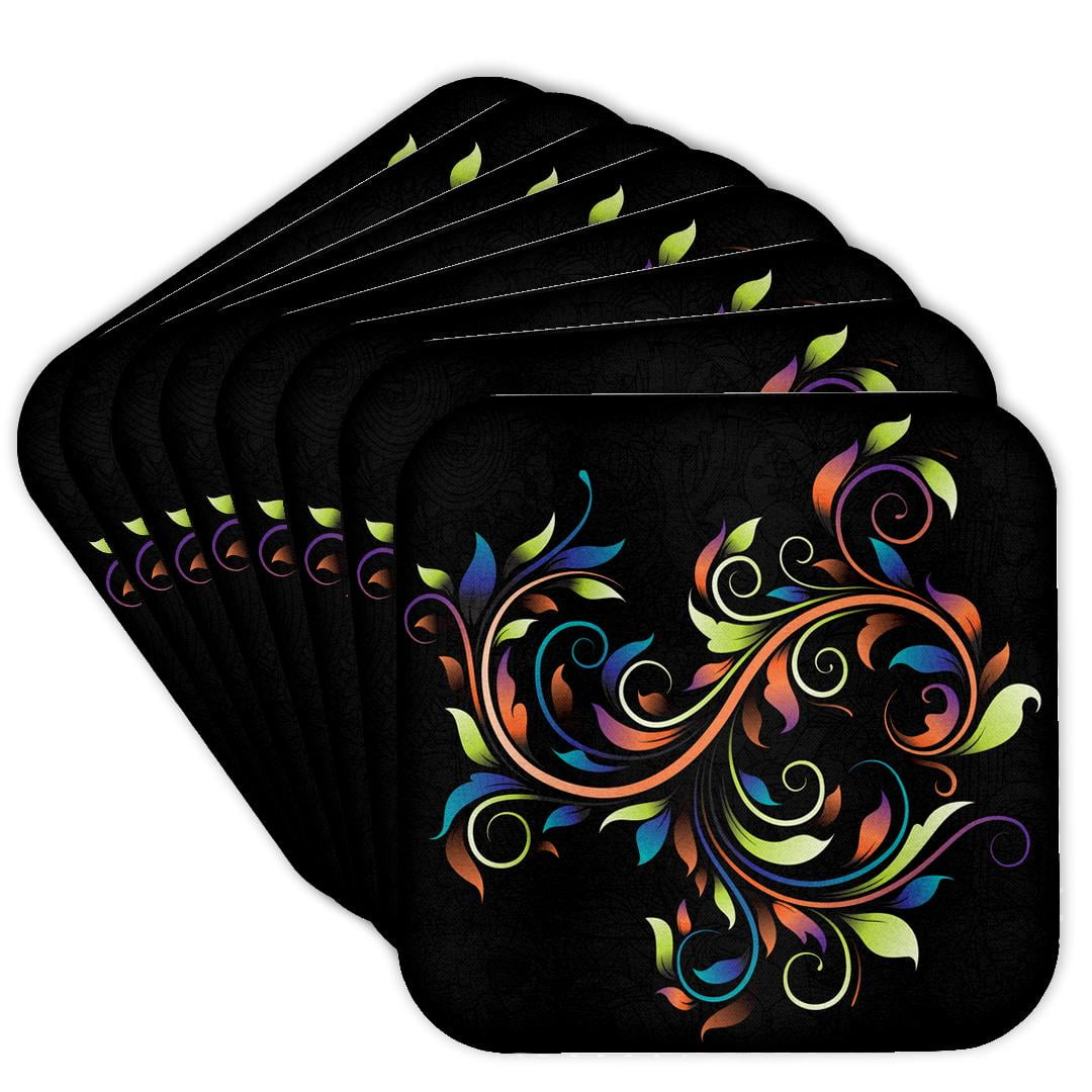 3drose, Funky Pretty Colors Foliage Leaf Swirl on Black Faux Etched ...