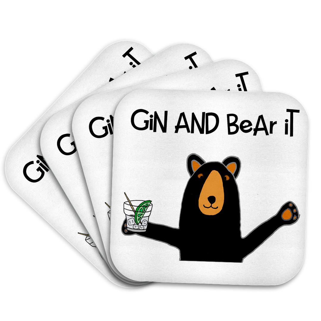 3drose, Funny Black Bear Drinking Gin Drink Gin and Bear It Pun, Set of ...