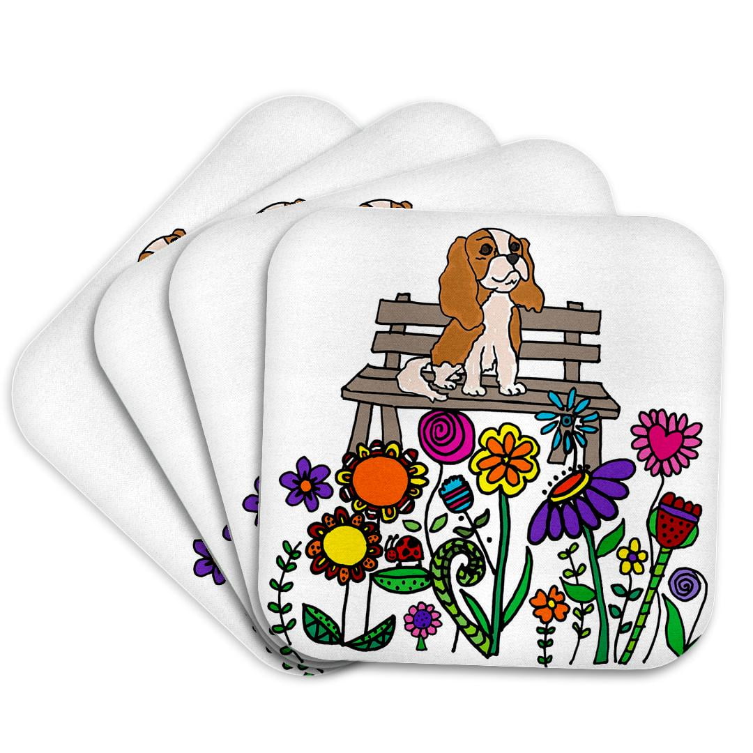 3drose, Funny Cavalier King Charles Spaniel Dog on Flower Garden Bench ...