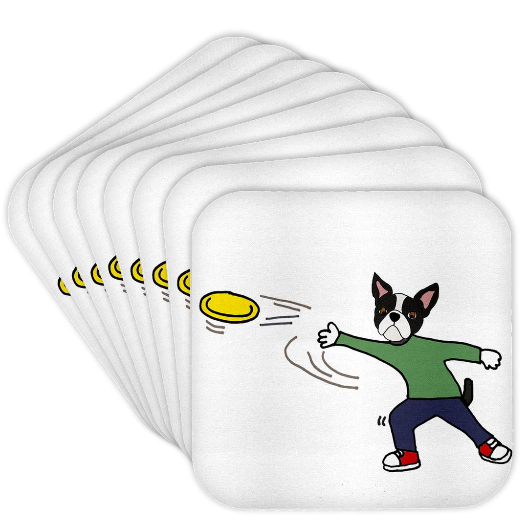 3drose, Funny Cool Boston Terrier Dog Throwing Frisbee Cartoon, Set of ...