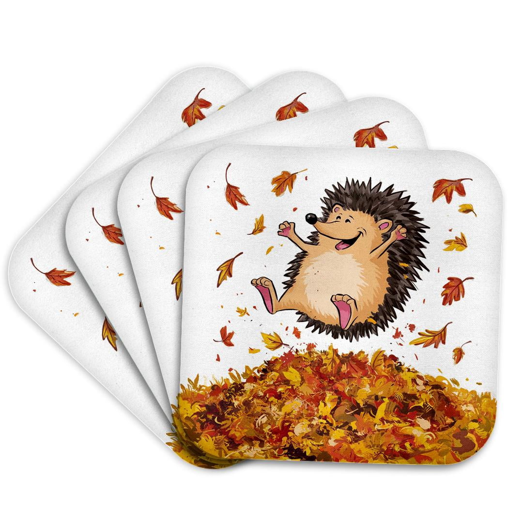 3drose, Funny Cute Baby Hedgehog Jumping in Autumn Leaves Abstract, Set ...