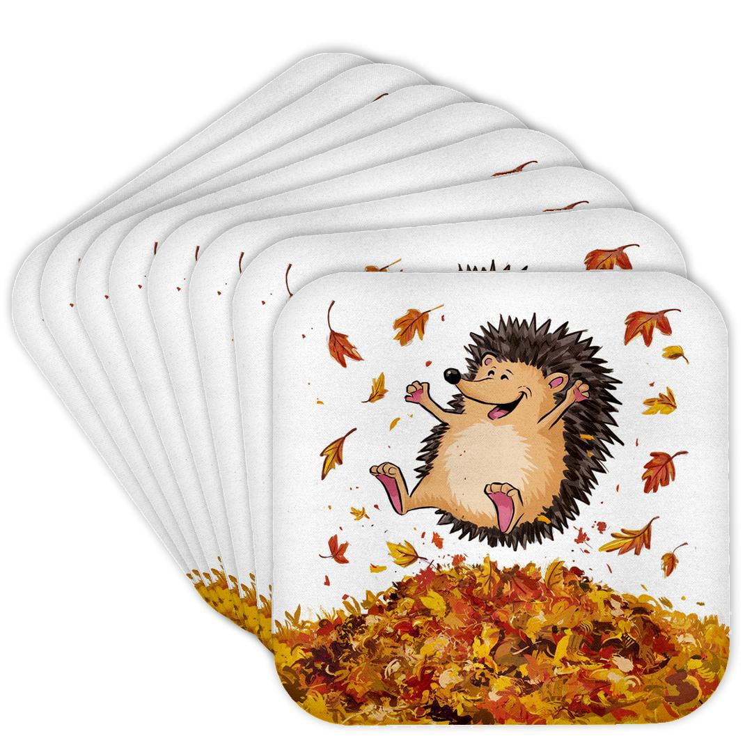 3drose, Funny Cute Baby Hedgehog Jumping in Autumn Leaves Abstract, Set ...