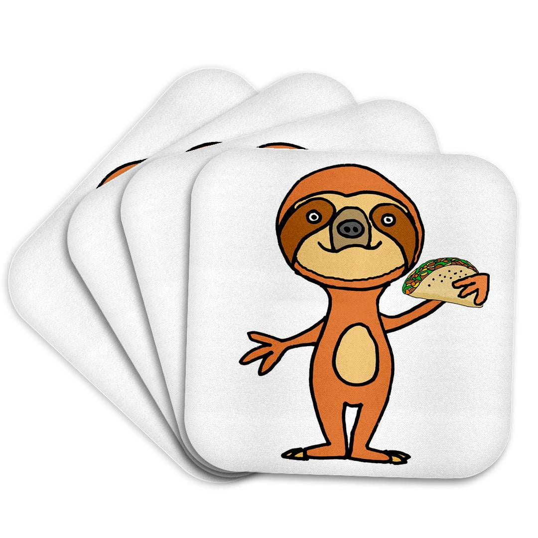 3drose, Funny Cute Cool Sloth Eating Taco Cartoon, Set of 4 Coasters ...