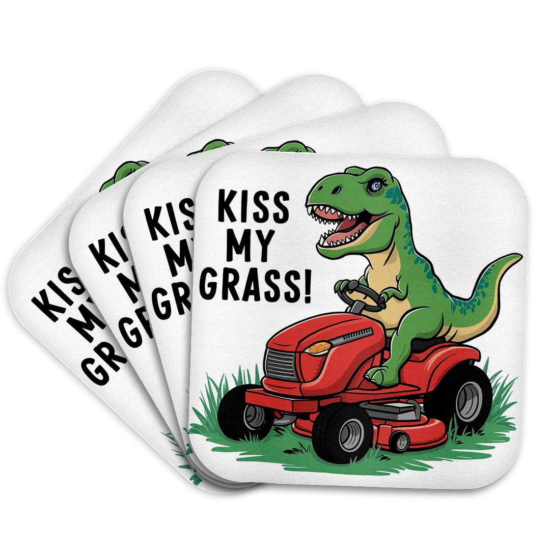 3drose, Funny Cute Green T-rex Dinosaur on Riding Lawn Mower Kiss My ...