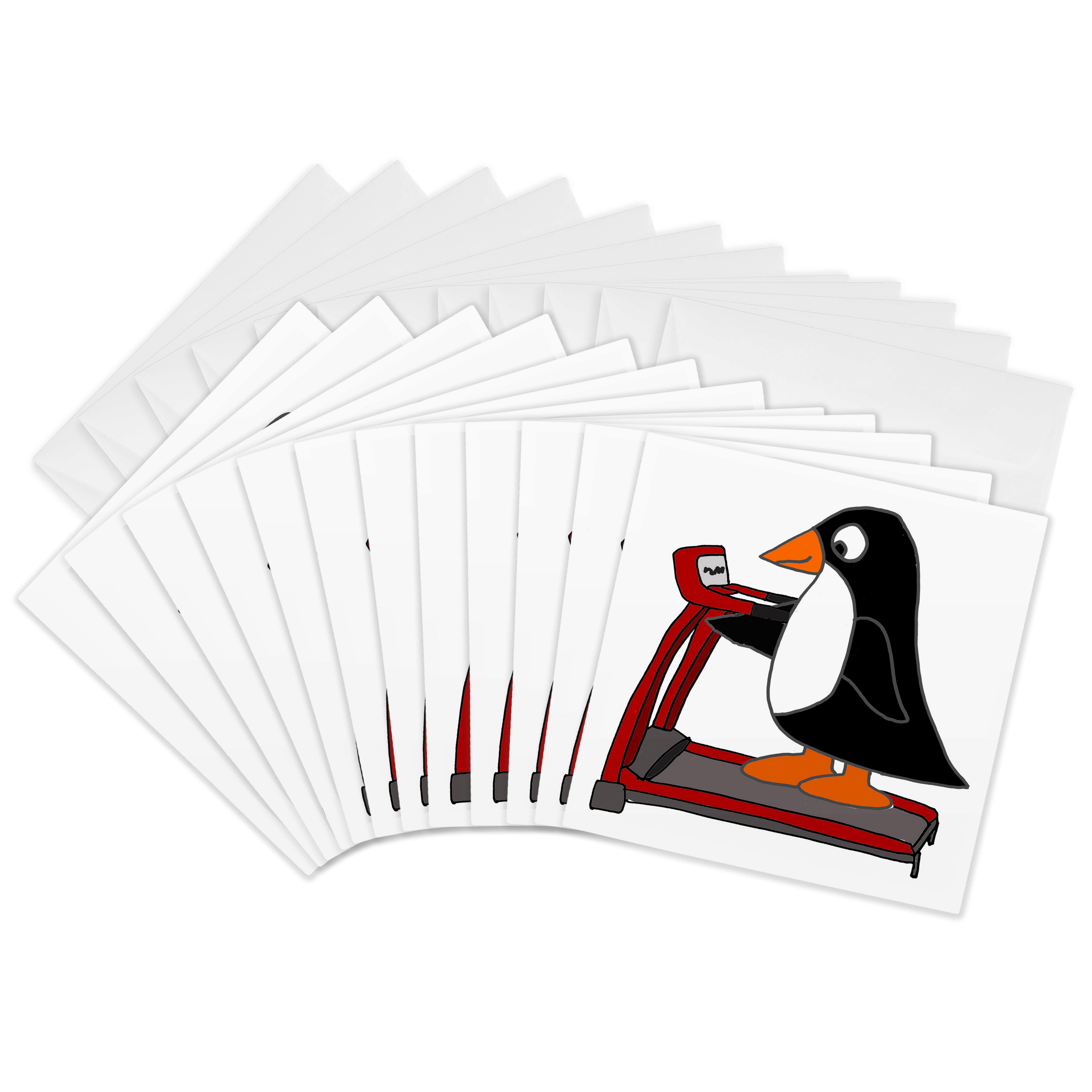 3drose, Funny Cute Penguin on Treadmill Exercise Cartoon, 12 Greeting ...