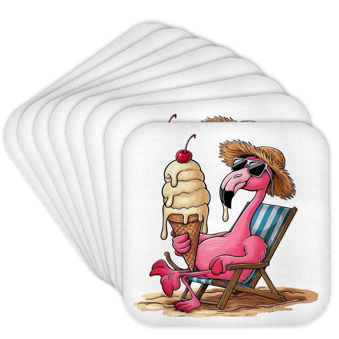 3drose, Funny Cute Pink Flamingo Bird Eating Ice Cream at the Beach ...