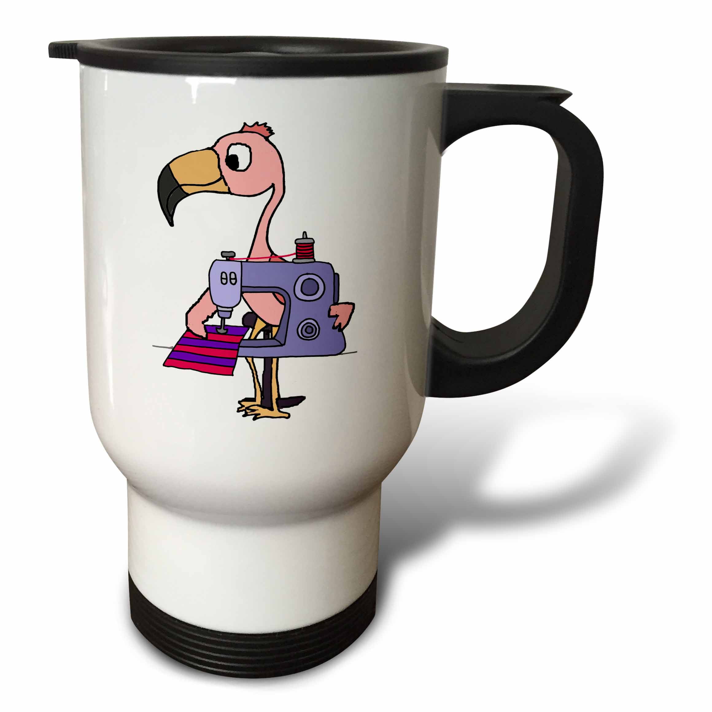 3drose, Funny Cute Pink Flamingo Using Sewing Machine Cartoon, 14oz ...